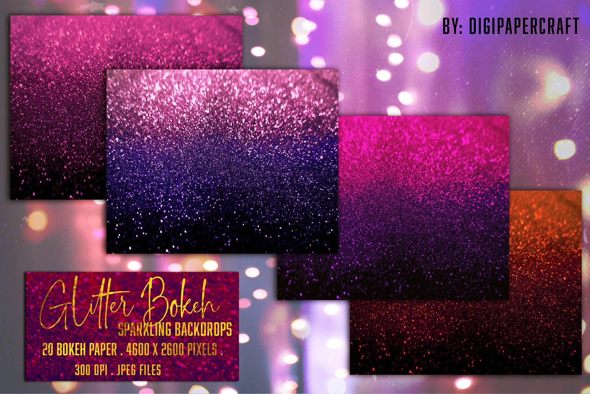 Glitter Bokeh Digital Paper, Gold Bokeh Backgrounds, Bokeh Overlays ...