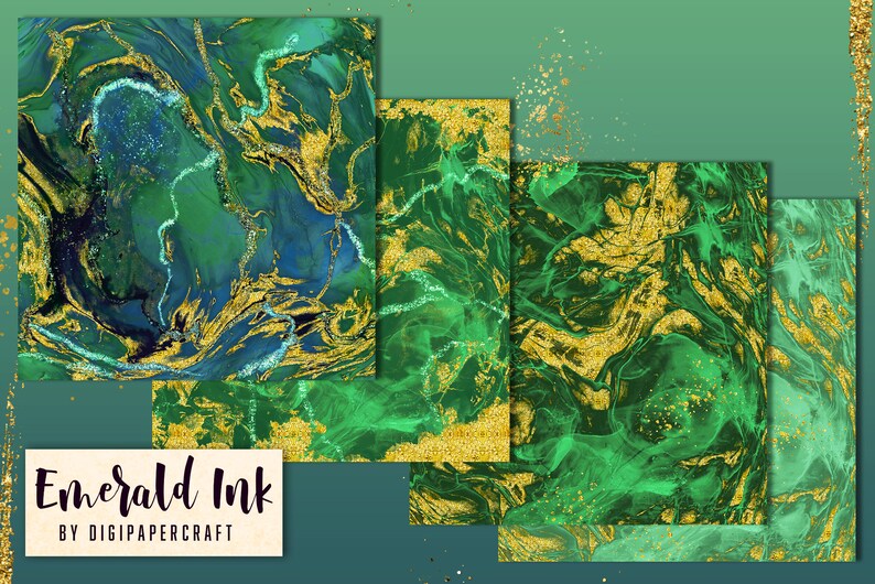Emerald Gold Ink Digital Paper Alcohol Ink Paper Watercolor - Etsy
