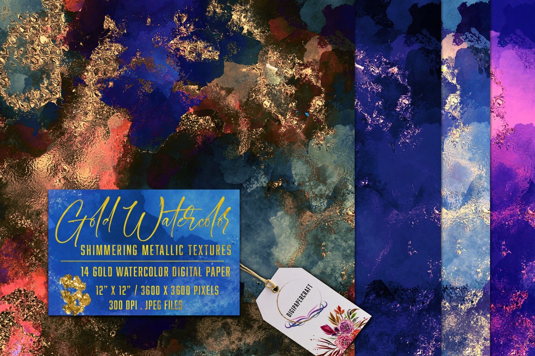 Blue and Gold Watercolor Watercolor Digital Paper Emerald - Etsy