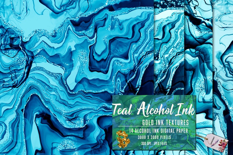 Teal Alcohol Ink Digital Paper, Liquid Watercolor Textures, Alcohol Ink ...