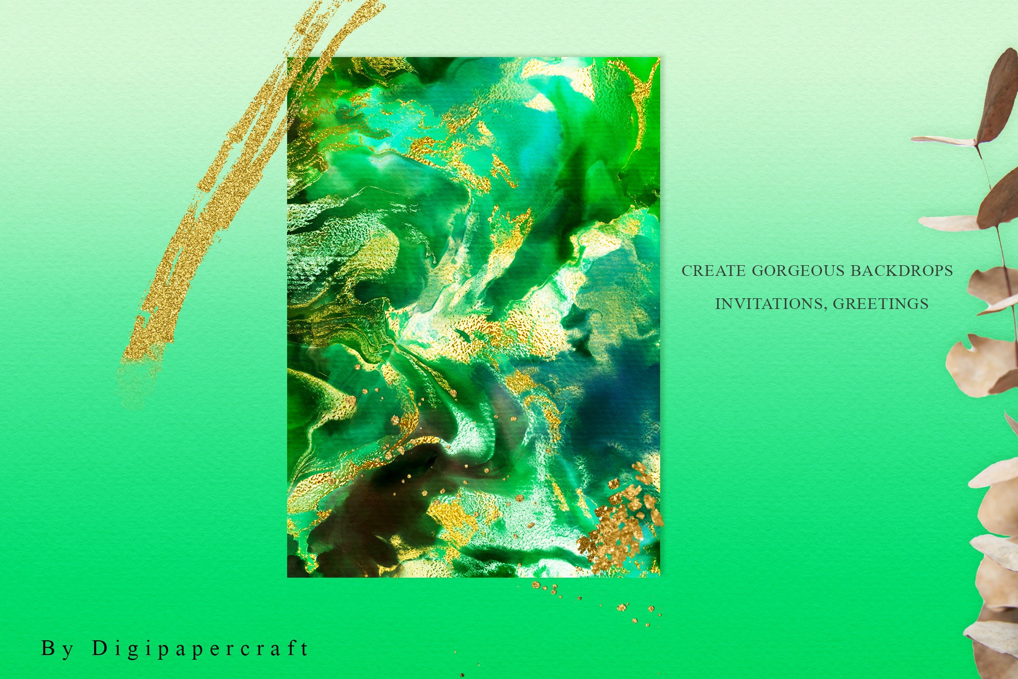 Emerald & Gold Watercolor Backgrounds, Green Watercolor Digital Paper ...