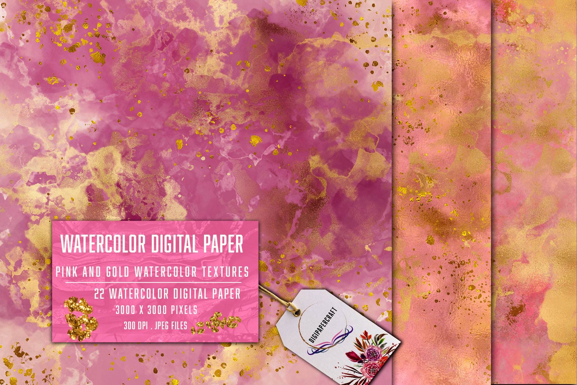 Pink and Gold Watercolor Digital Paper Watercolor - Etsy