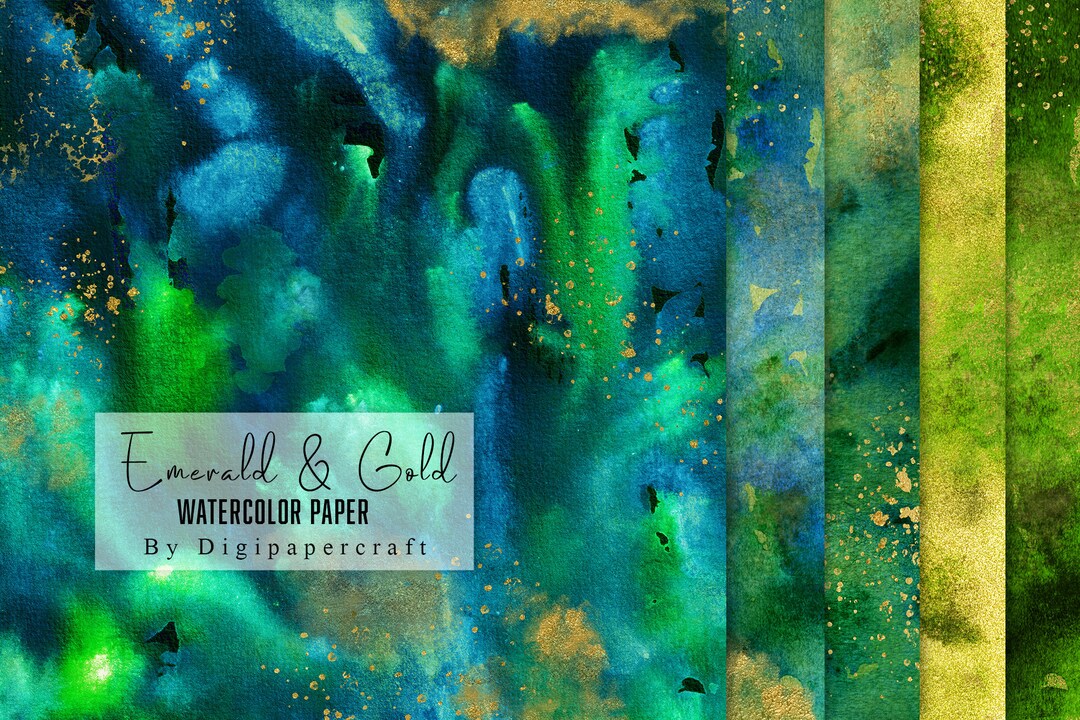 Emerald Watercolor Backgrounds, Green Watercolor Digital Paper, Gold ...