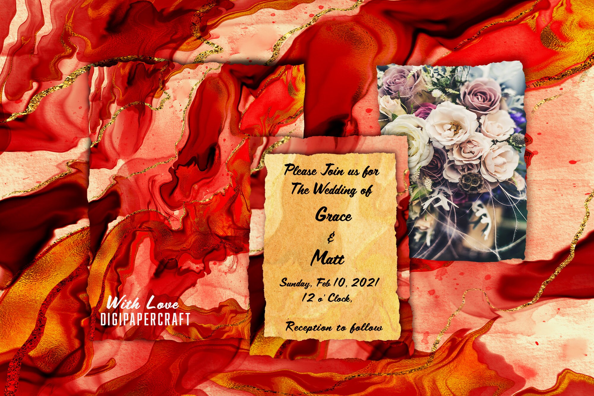 Alcohol Ink Digital Paper, Red and Gold Watercolor Paper, Alcohol Ink ...