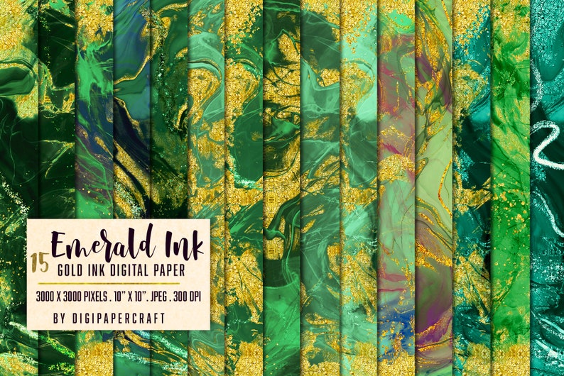 Emerald Gold Ink Digital Paper Alcohol Ink Paper Watercolor - Etsy