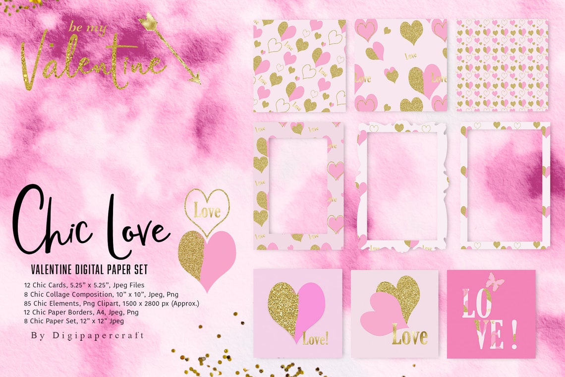 Valentine Digital Paper, Valentine Clipart, Pink Heart, Gold Clipart ...