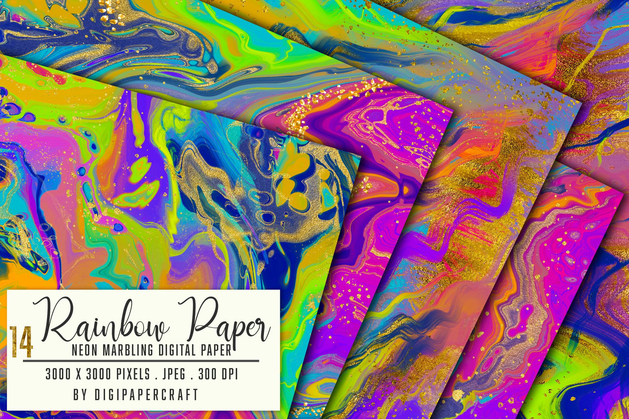 Rainbow Digital Paper Neon Ink Marble Acrylic Pour Art - Etsy