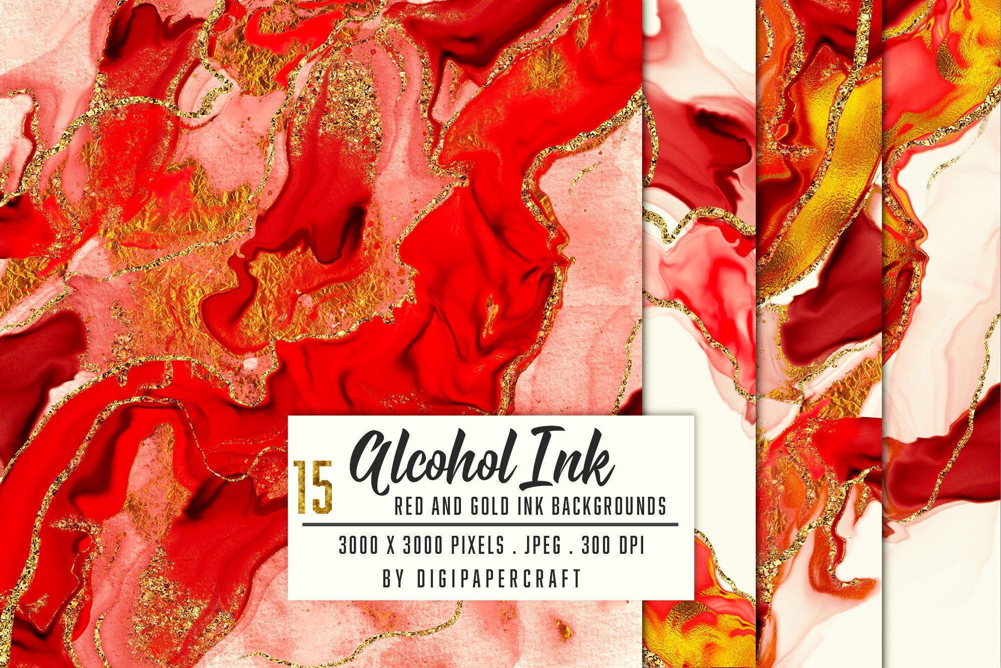 Alcohol Ink Digital Paper, Red and Gold Watercolor Paper, Alcohol Ink ...