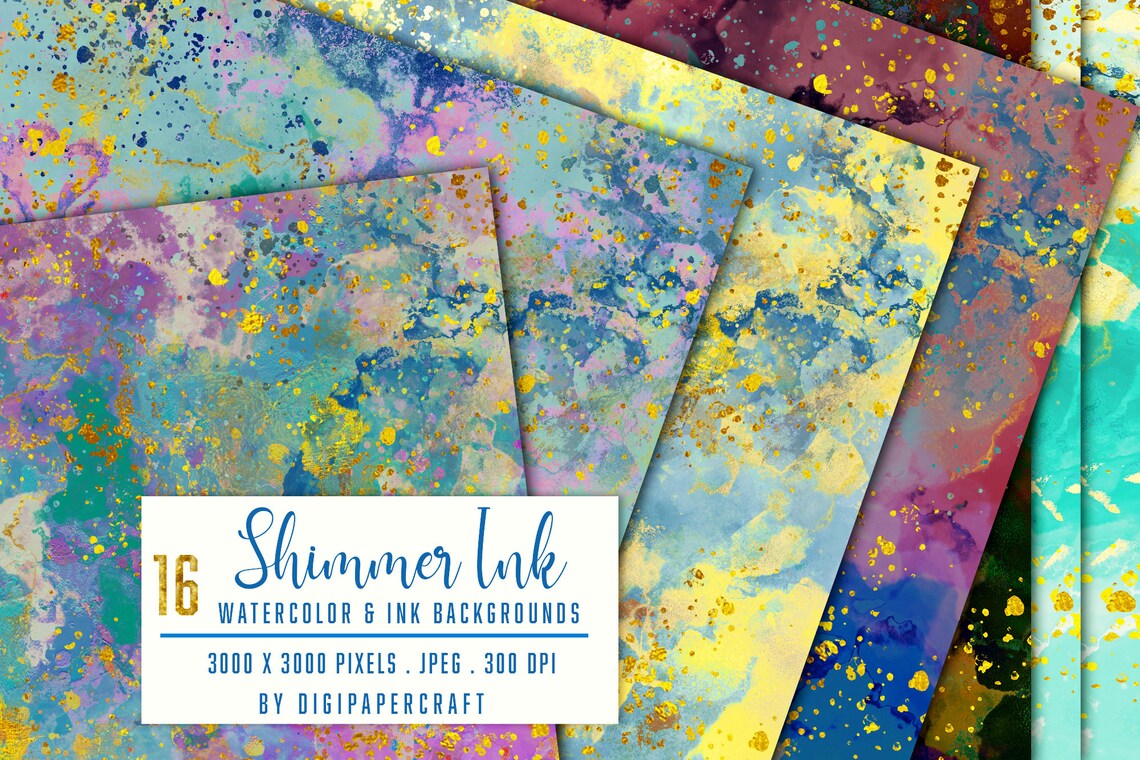 Gold Shimmer Digital Paper, Ink Textures, Colorful Ink, Watercolor ...