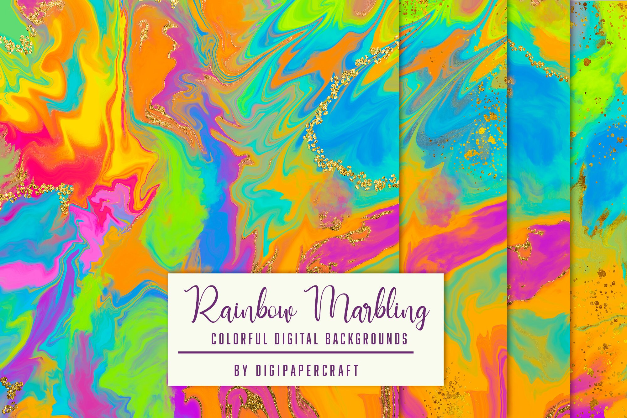 Rainbow Marbling Digital Paper, Colorful Marble, Acrylic Pour Art, Gold ...