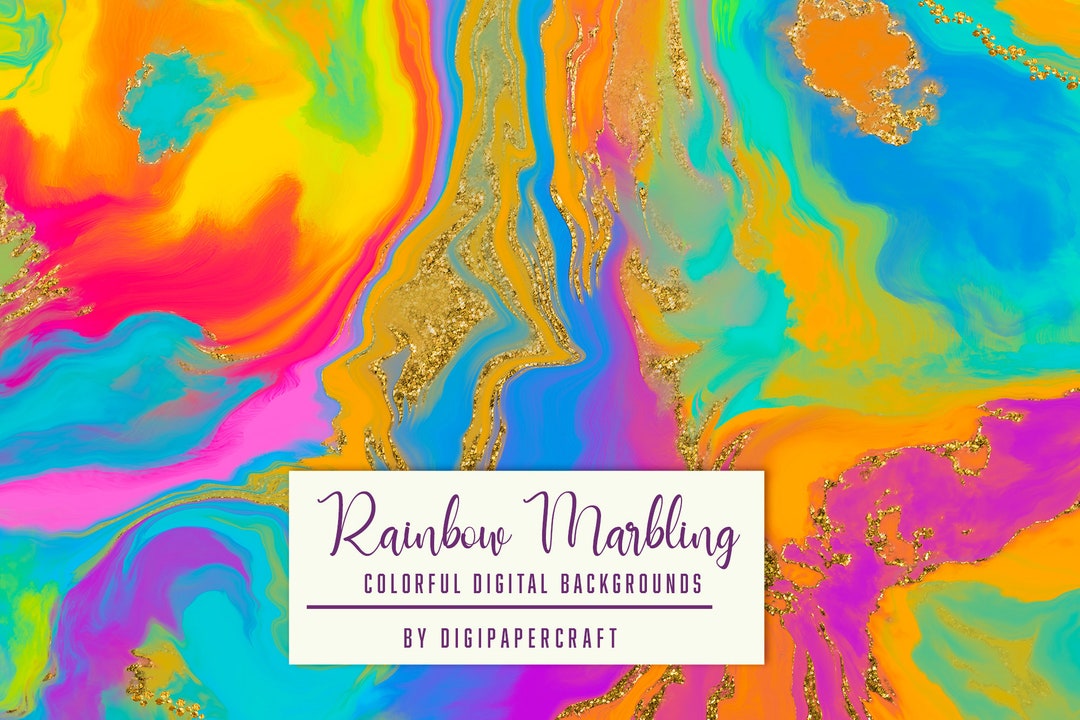 Rainbow Marbling Digital Paper, Colorful Marble, Acrylic Pour Art, Gold ...