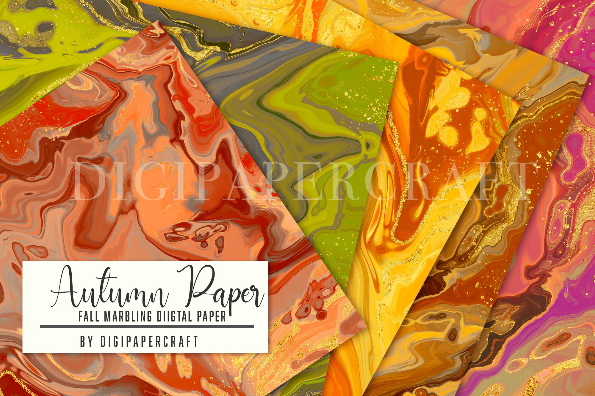 Autumn Digital Paper, Autumn Marbling Paper, Fall Marble Texture, Gold ...
