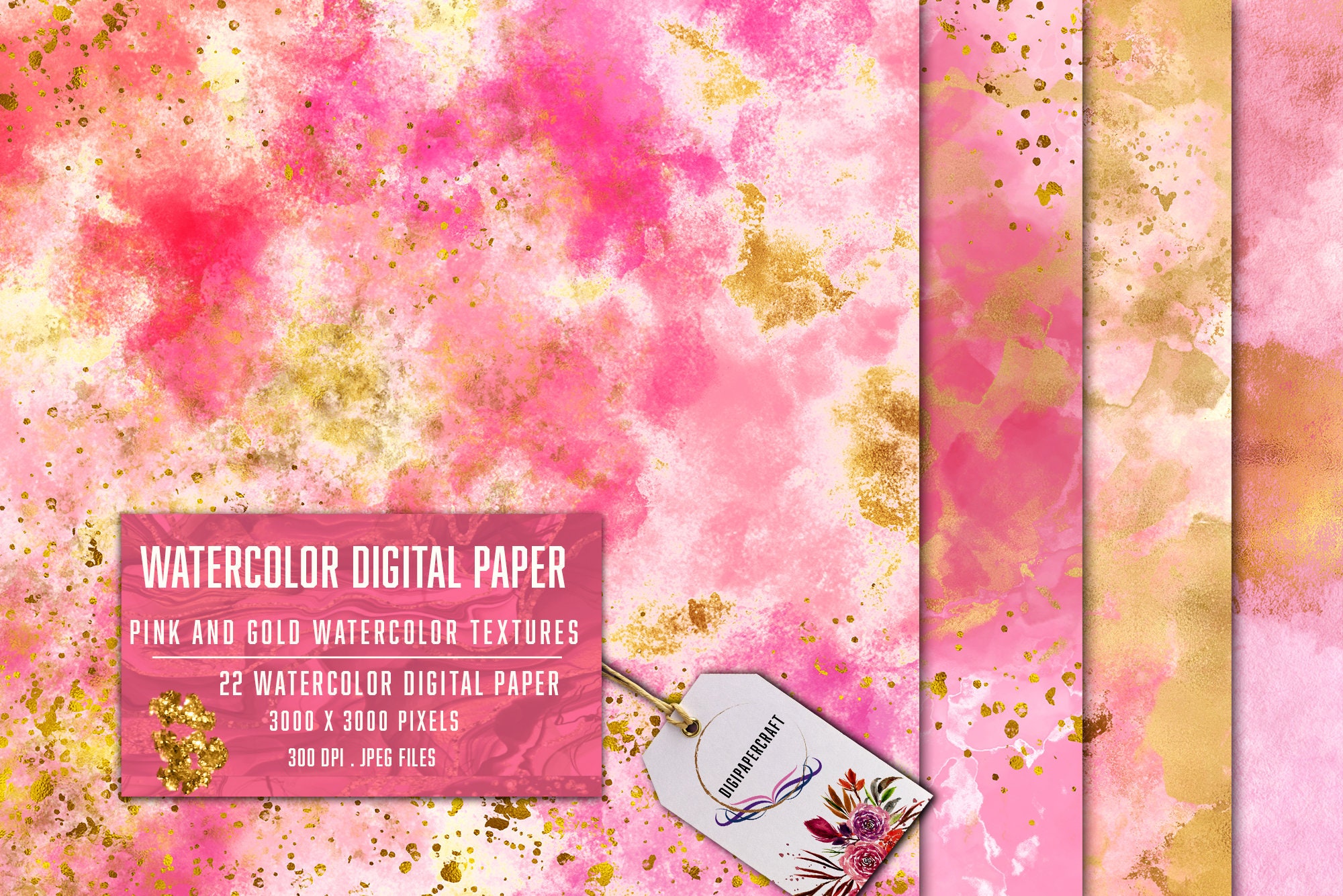 Pink and Gold Watercolor Digital Paper Watercolor - Etsy