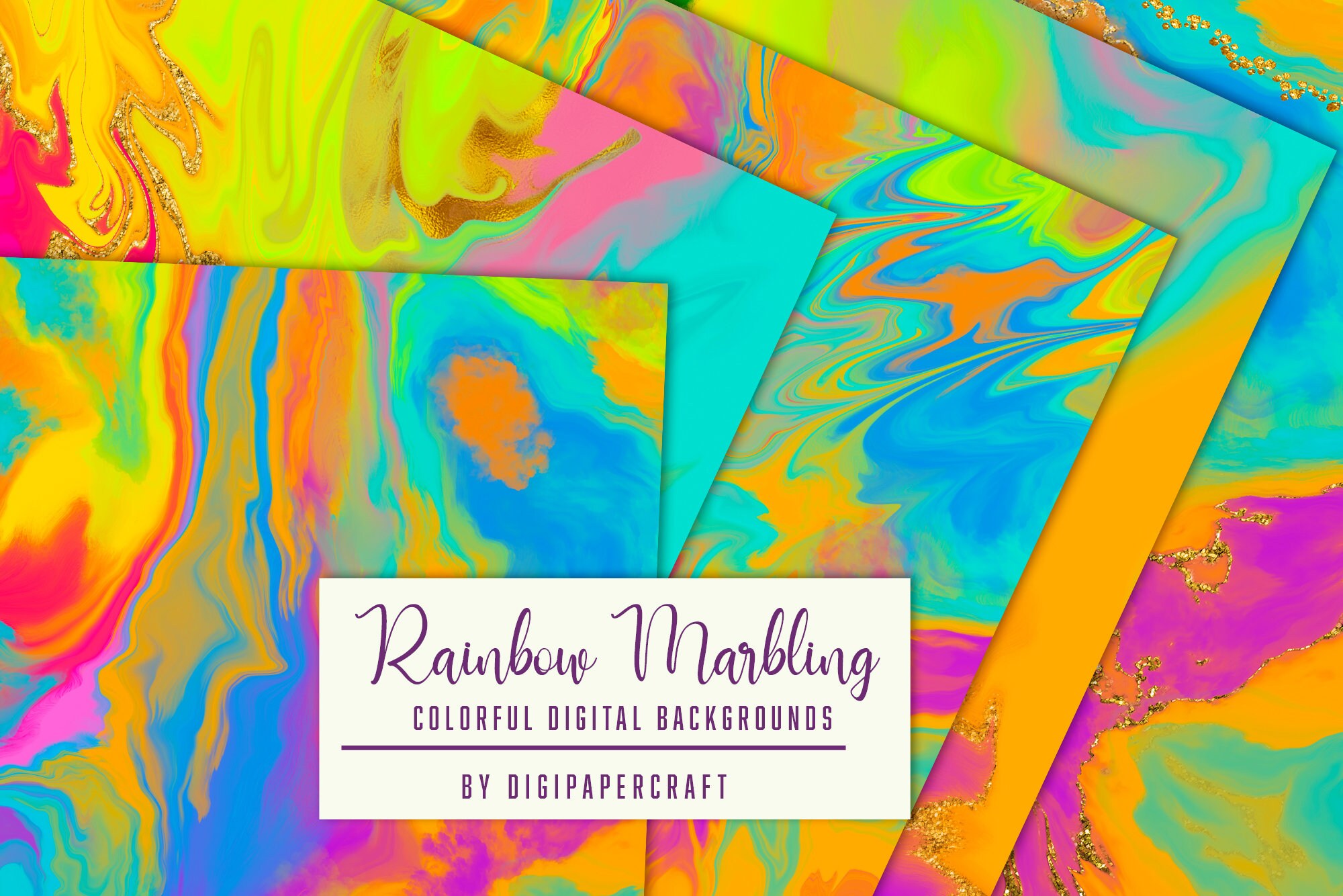 Rainbow Marbling Digital Paper, Colorful Marble, Acrylic Pour Art, Gold ...