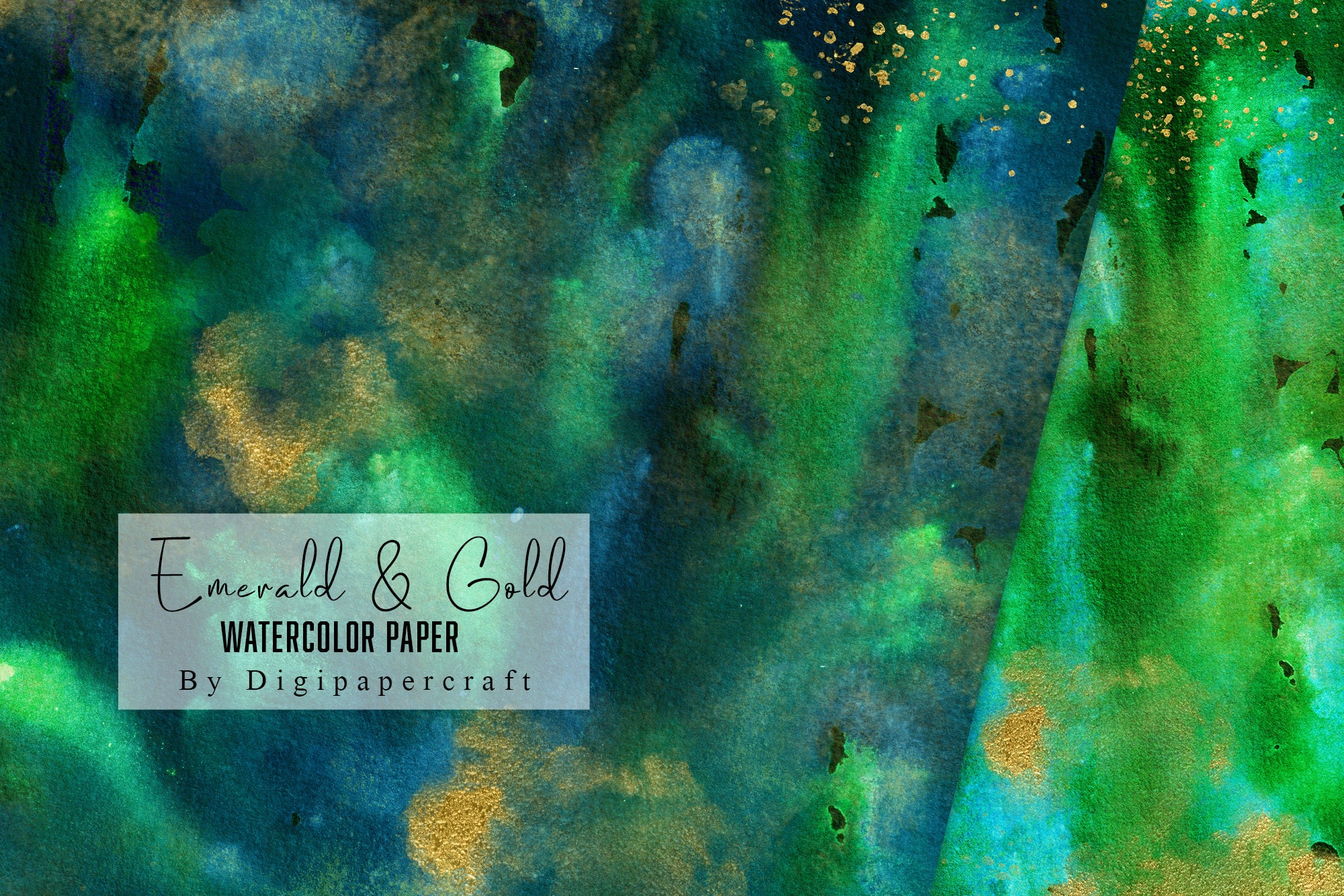 Emerald Watercolor Backgrounds, Green Watercolor Digital Paper, Gold ...