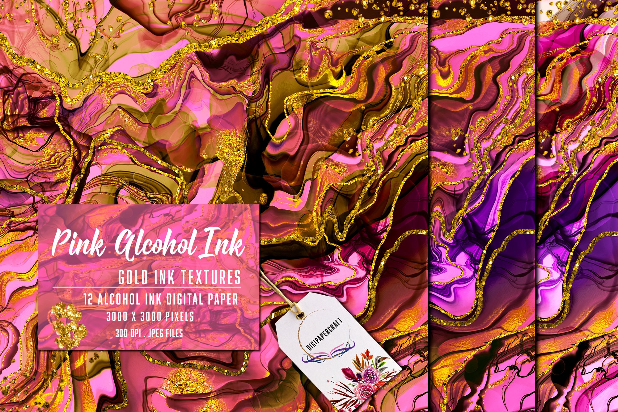 Pink Alcohol Ink Digital Paper, Glitter Watercolor Textures, Gold ...