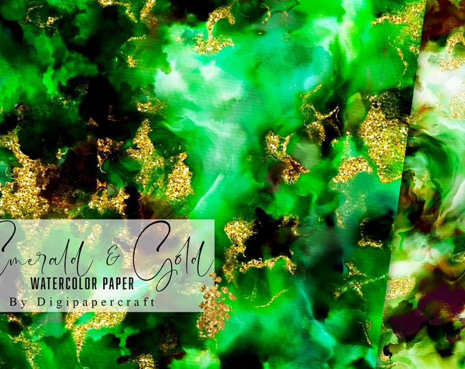 Emerald Green Digital Paper Clipart, Watercolor Digital Papers, Gold ...