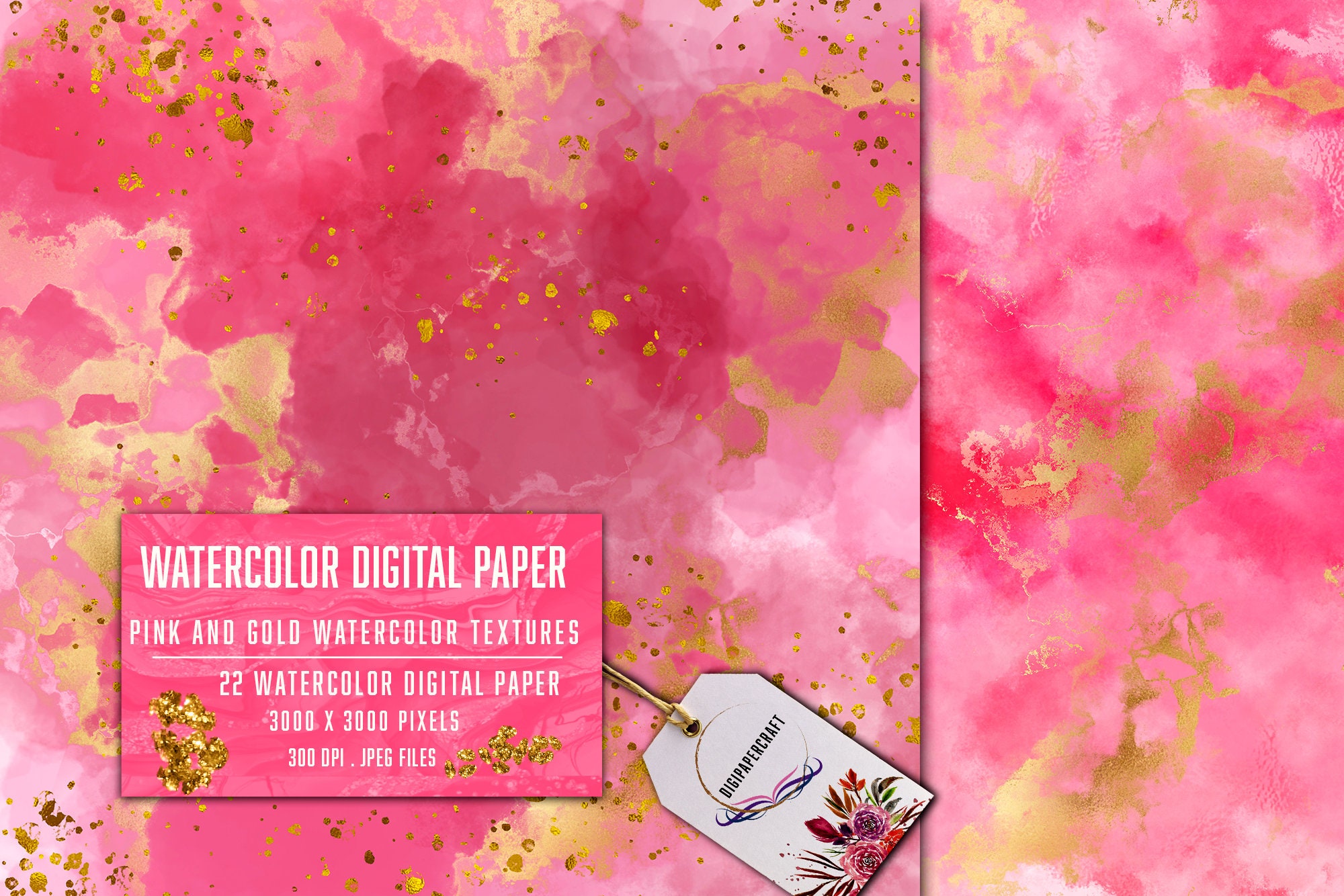 Pink and Gold Watercolor Digital Paper Watercolor - Etsy