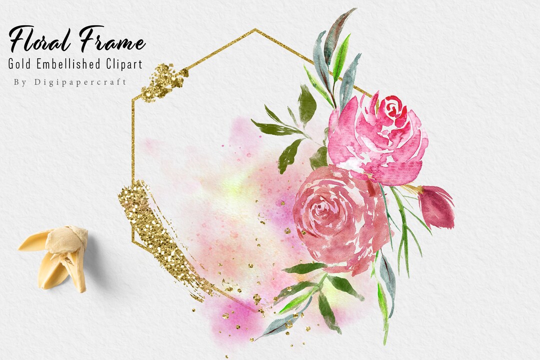 Gold Watercolor Frame Clipart, Gold Polygonal Frame, Pink Watercolor ...