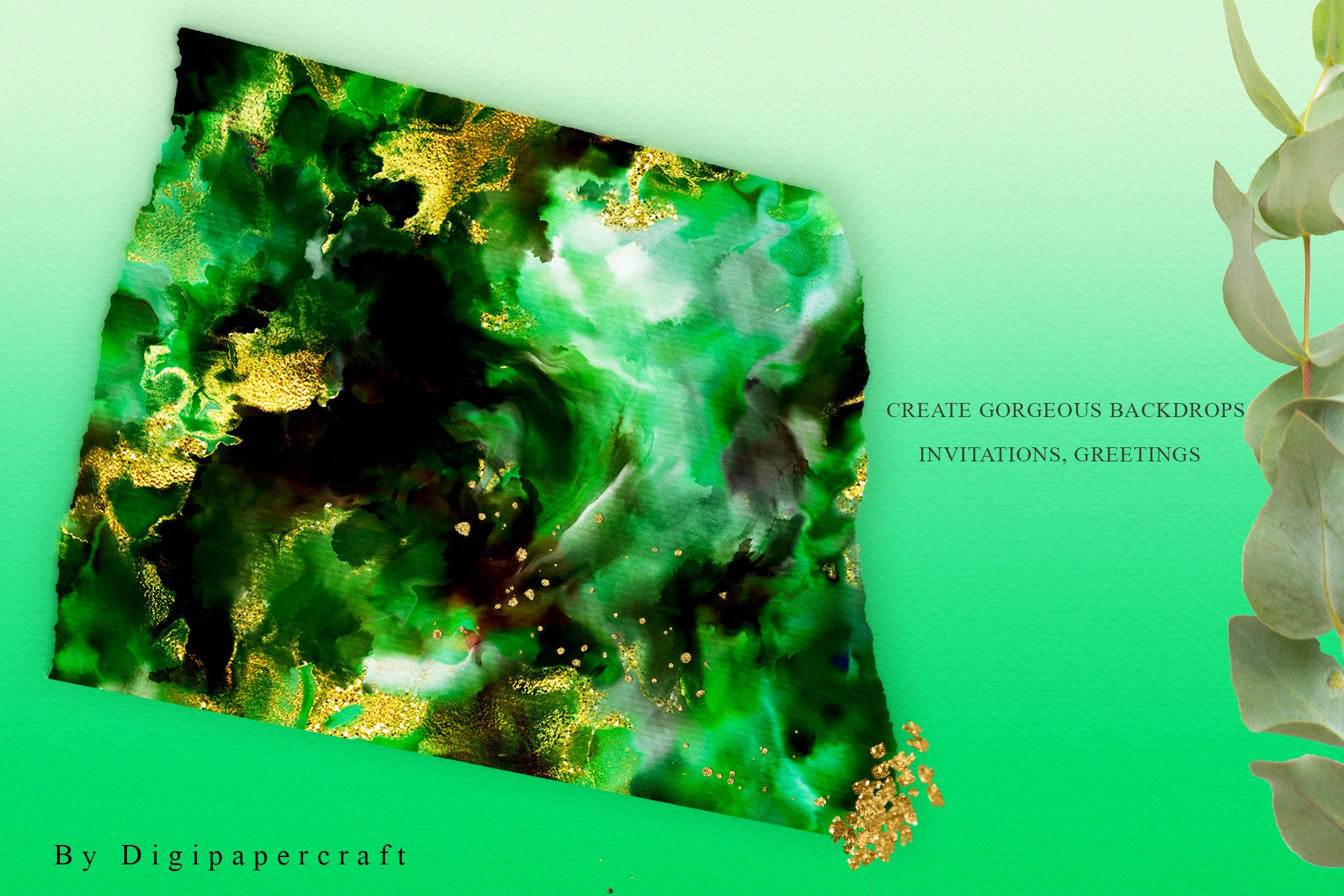 Emerald & Gold Watercolor Backgrounds, Green Watercolor Digital Paper ...