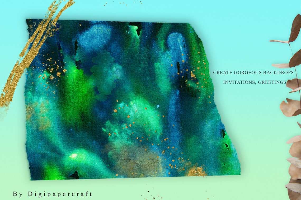 Emerald Watercolor Backgrounds, Green Watercolor Digital Paper, Gold ...