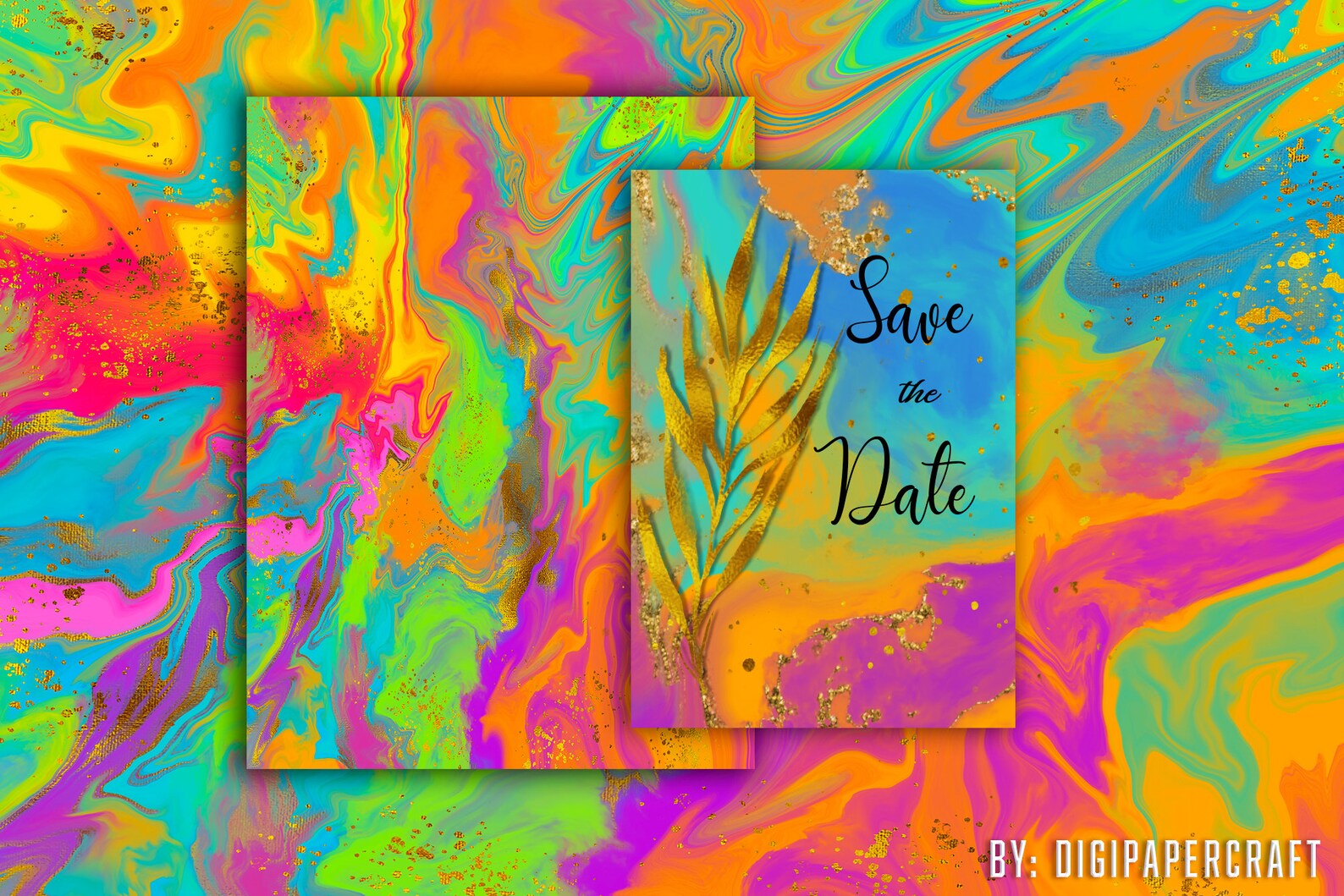 Rainbow Marbling Digital Paper, Colorful Marble, Acrylic Pour Art, Gold ...