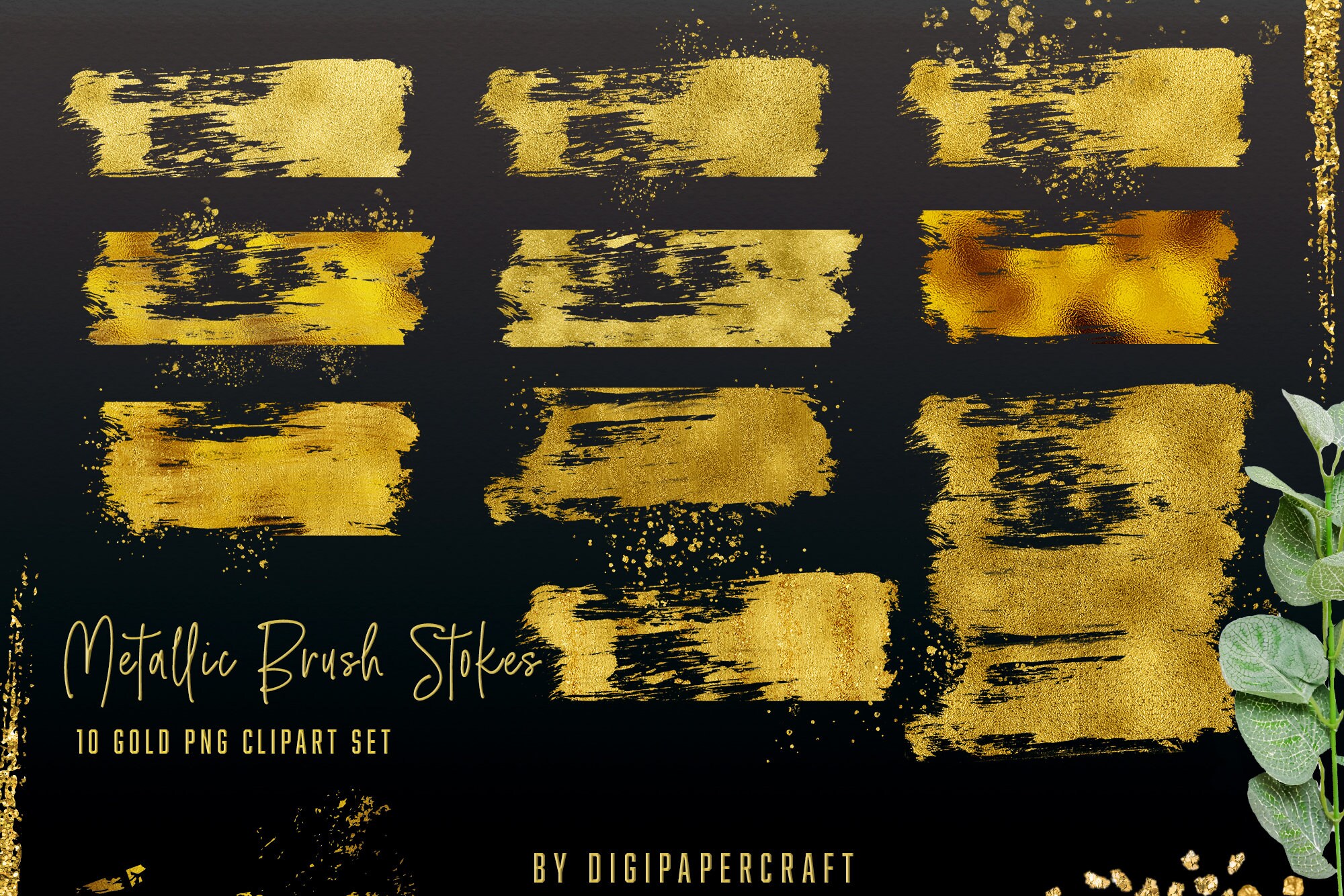 Gold Brush Strokes Clipart Metallic Paint Clipart Glitter | Etsy