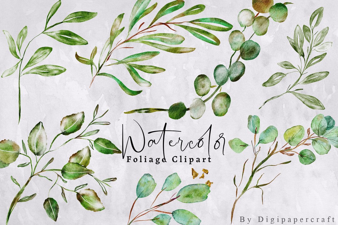 Watercolor Greenery Digital Clipart, Watercolor Foliage Clipart, Png ...