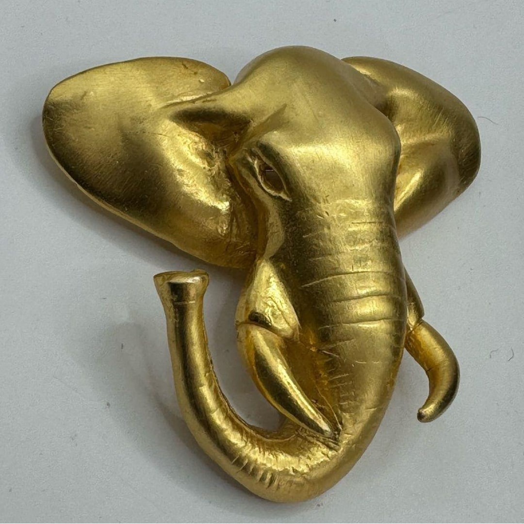 Gold Elephant Brooch Large Elephant Head Pin Matte Gold Tone Boho ...