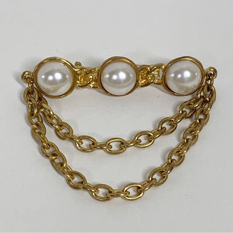 Vintage Pearl and Festooned Gold Chain Bar Brooch Pin - Etsy