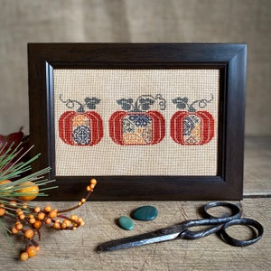 Quaker Pumpkins Cross Stitch Pattern, X Stitch Chart, Three Pumpkins Mini Quaker Sampler Cross ...