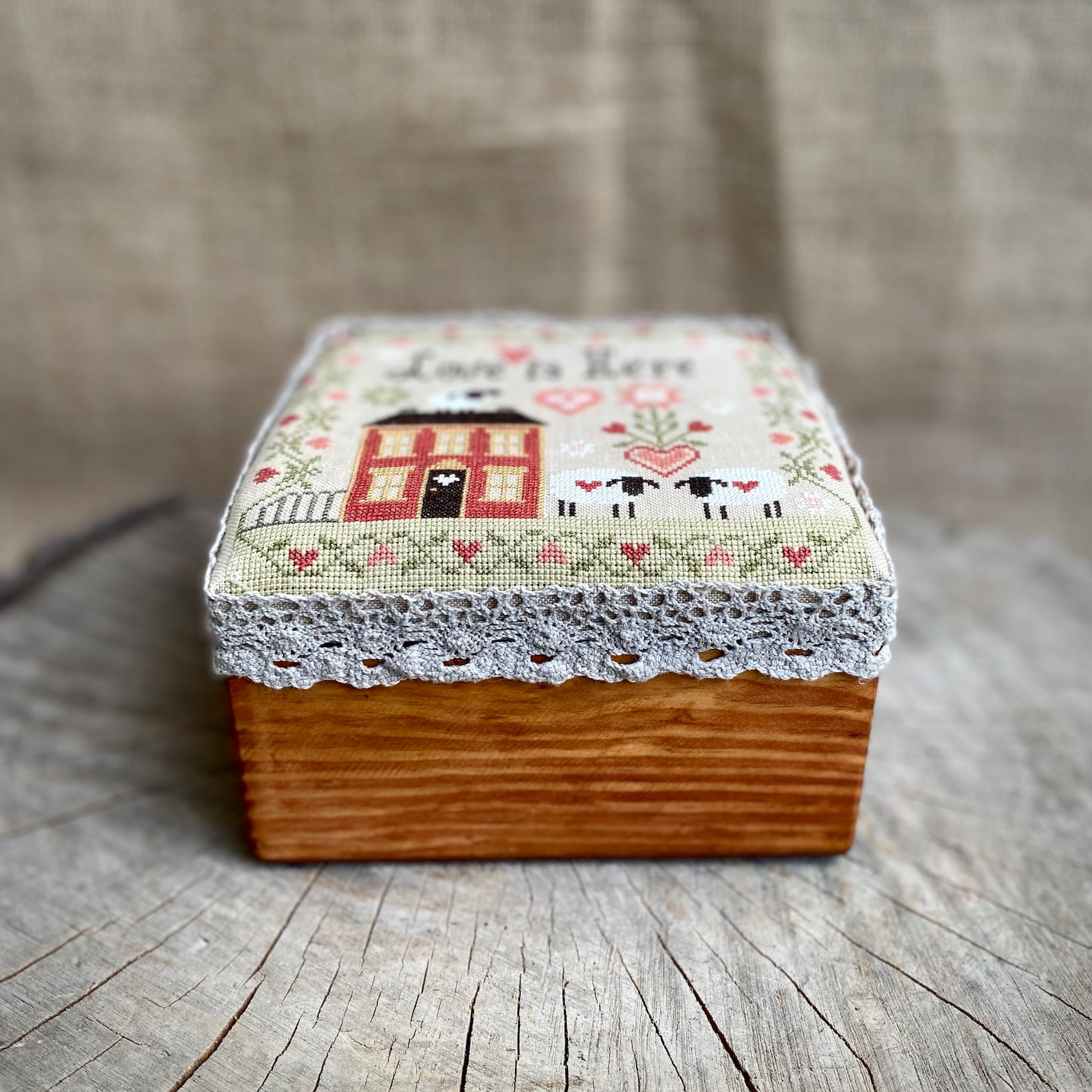 Wooden Box Decorated With Cross Stitch Embroidery, Love is Here Cross ...