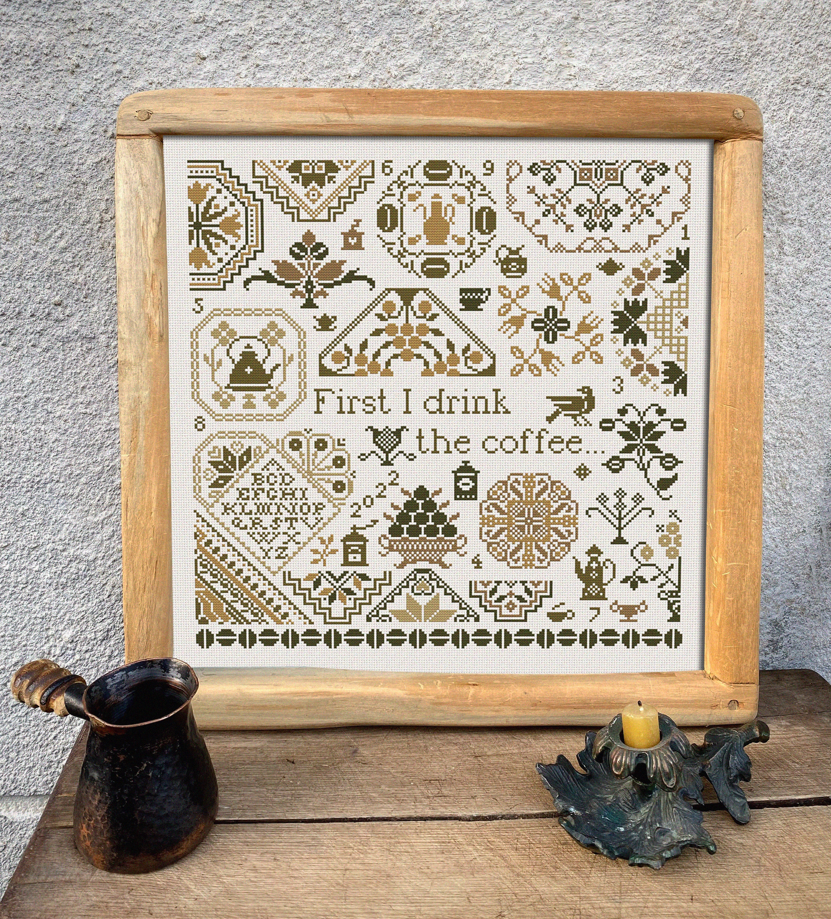 First I Drink the Coffee Quaker Sampler Cross Stitch Pattern, X Stitch ...