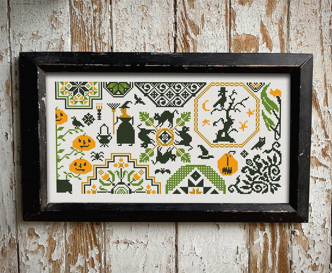 Halloween Mini Quaker Sampler Cross Stitch Pattern, Easy Counted Cross Stitch Chart, Halloween ...