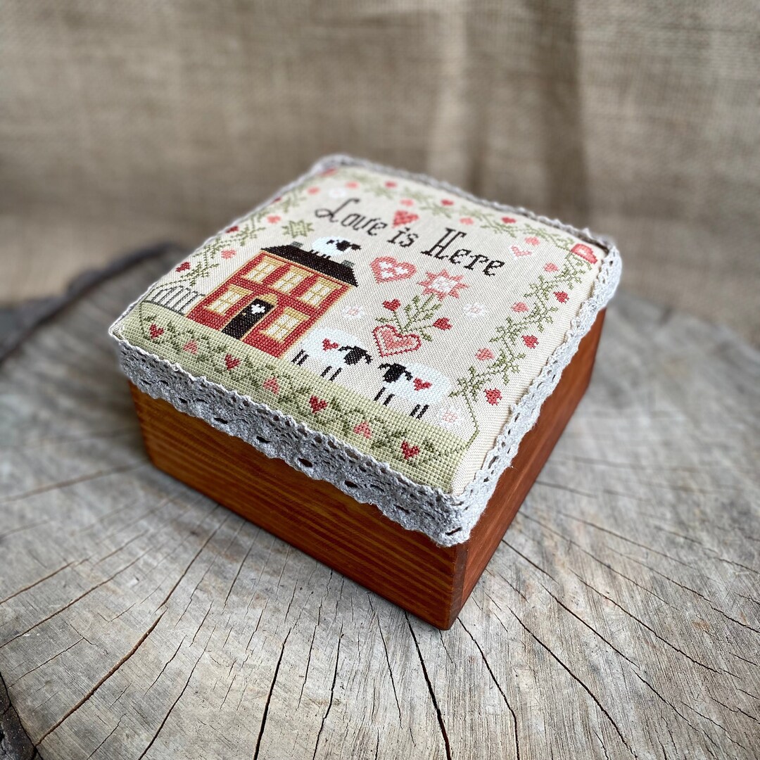 Wooden Box Decorated With Cross Stitch Embroidery, Love is Here Cross ...