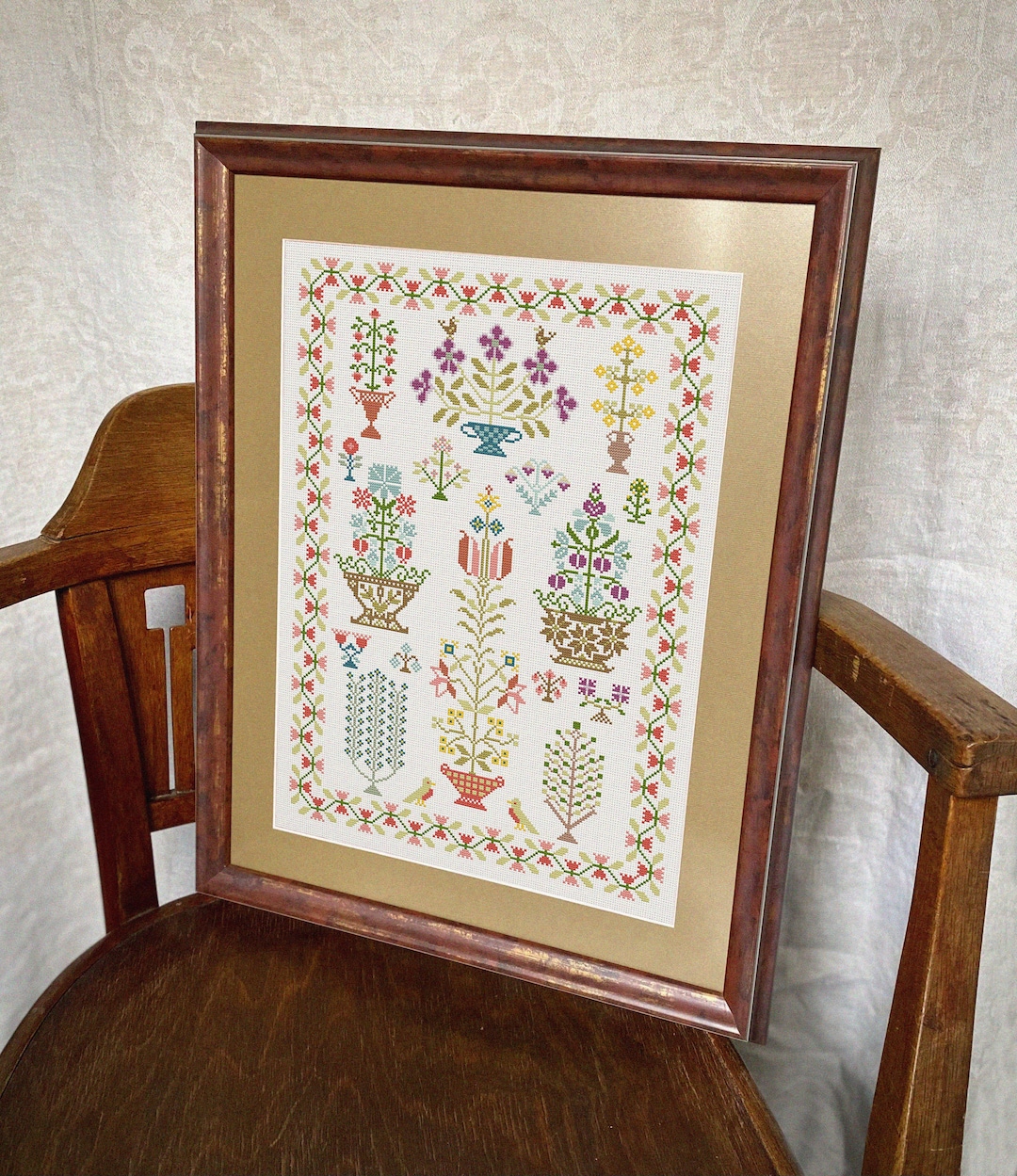 Antique Floral Sampler Cross Stitch Pattern, X Stitch Chart, Primitrive ...