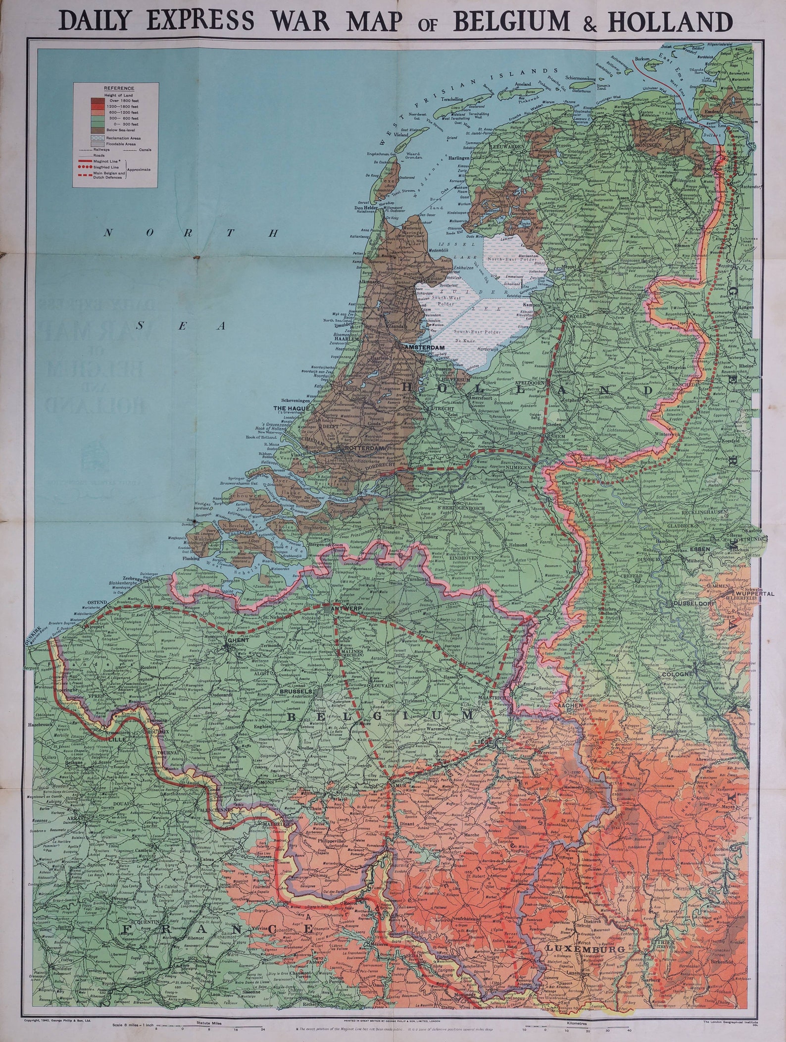 1940 Daily Express War Map of Belgium and Holland George Phillip and ...