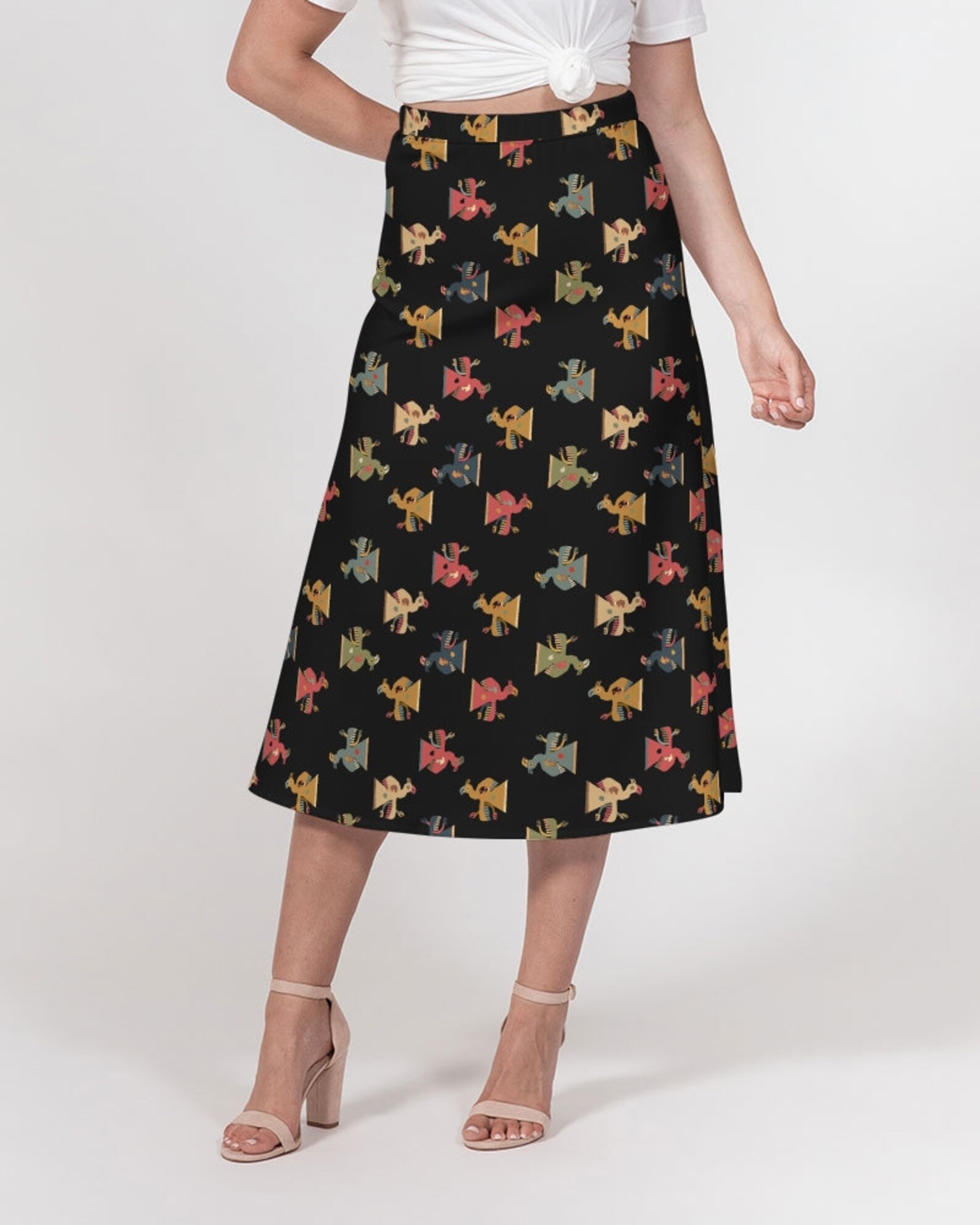 Peruvian Paracas Birds in Black Skirt Women's A-line Midi Skirt Ancient ...