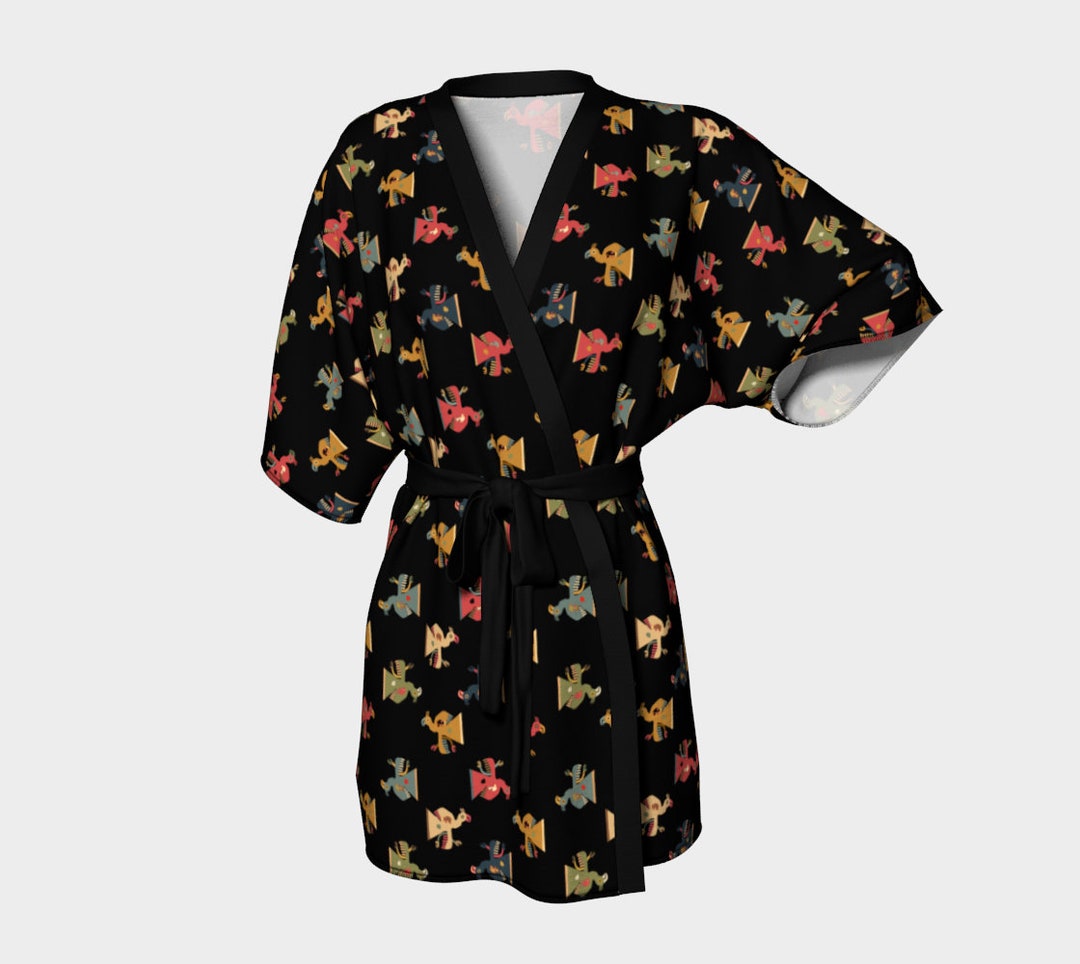 Paracas Birds in Black Silk Kimono Japanese Style Robe Ancient Peruvian ...
