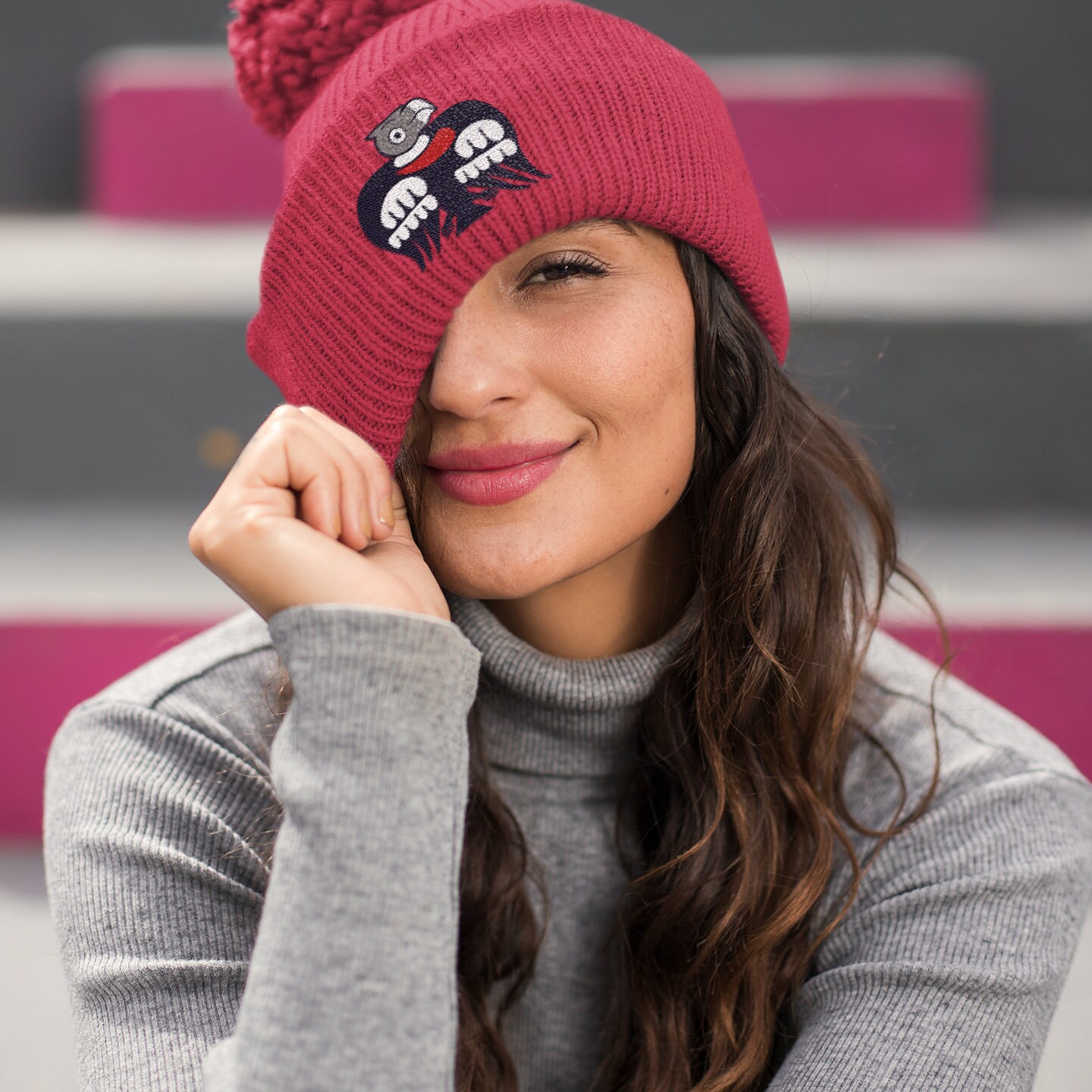 Pom Pom Knit Cap With a Peruvian Nazca Condor Bird Logo - Etsy