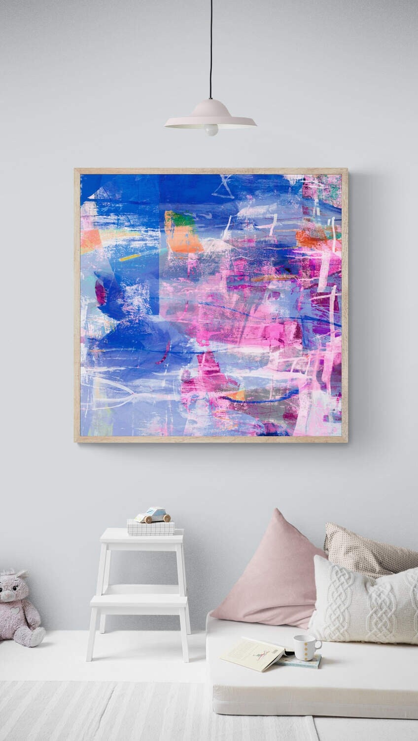 Pink and Blue Abstract Painting, Colorful Digital Download, Blue Wall ...