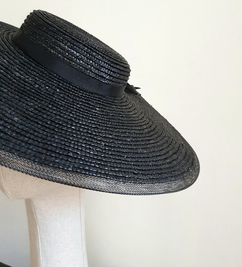 Wide brimmed black straw boater hat | Etsy