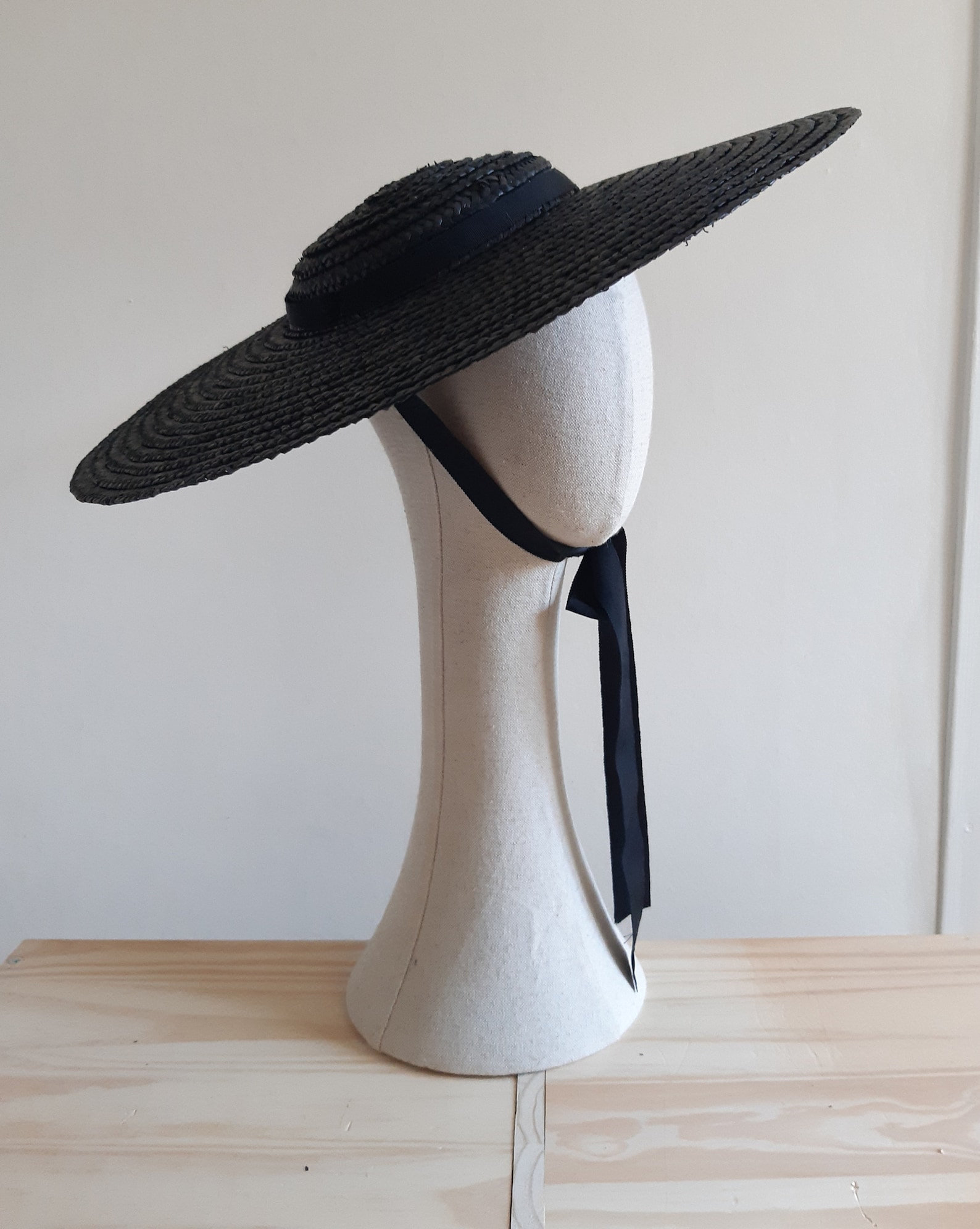 Wide Brimmed Black Straw Boater Hat - Etsy