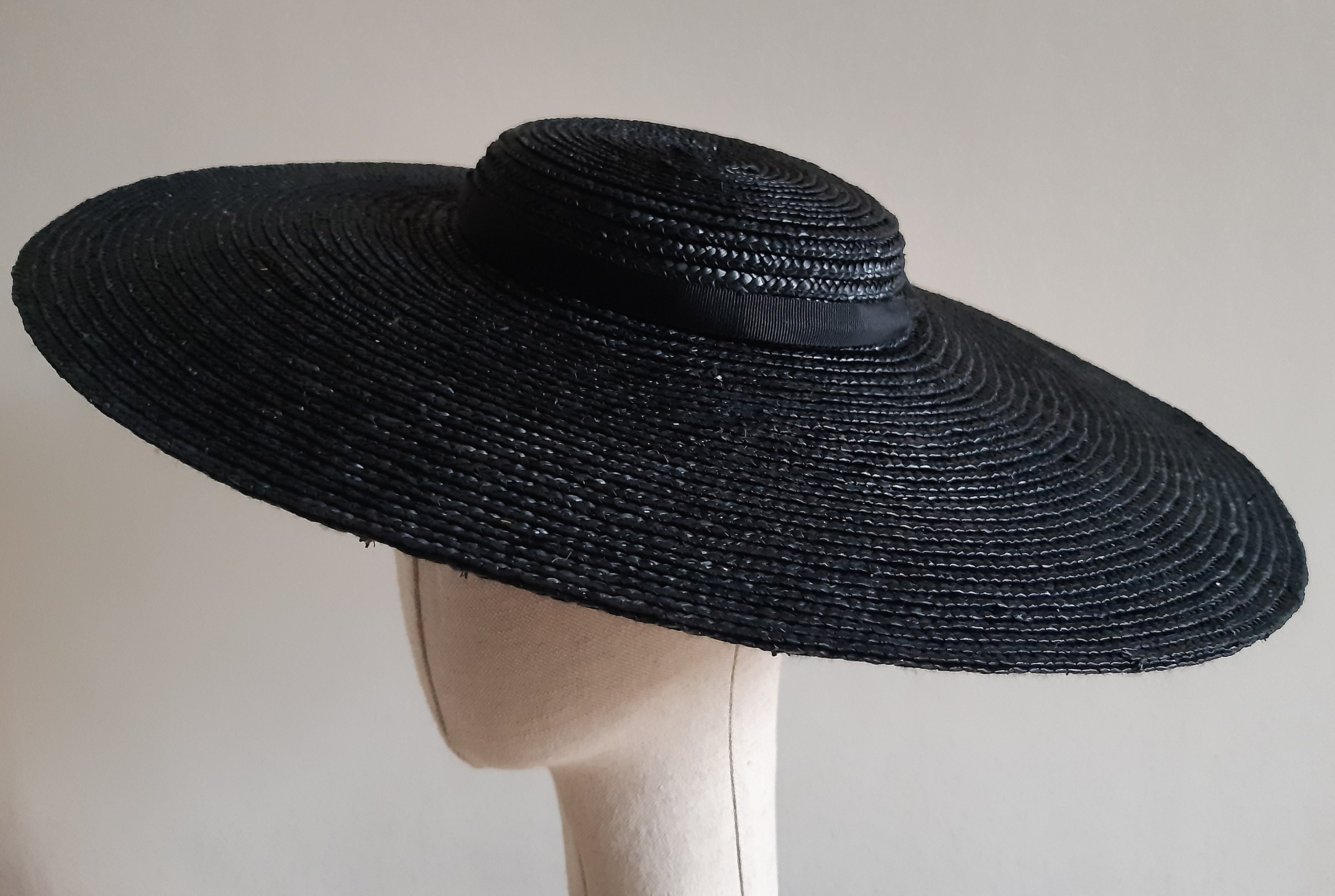 Wide Brimmed Black Straw Boater Hat - Etsy