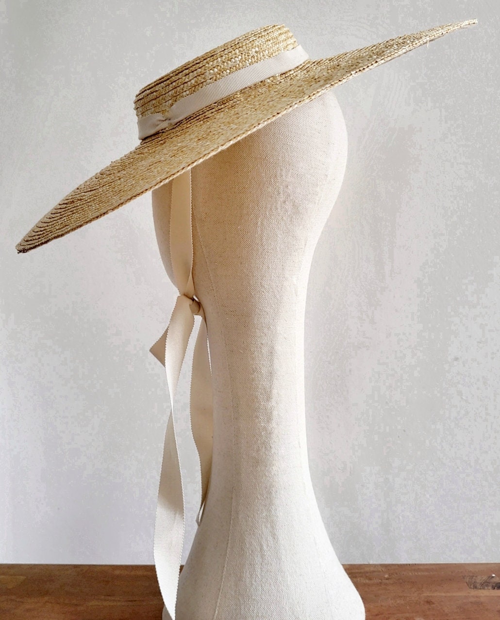 Wide Brimmed Straw Boater Hat With Cream Ribbon Ties - Etsy