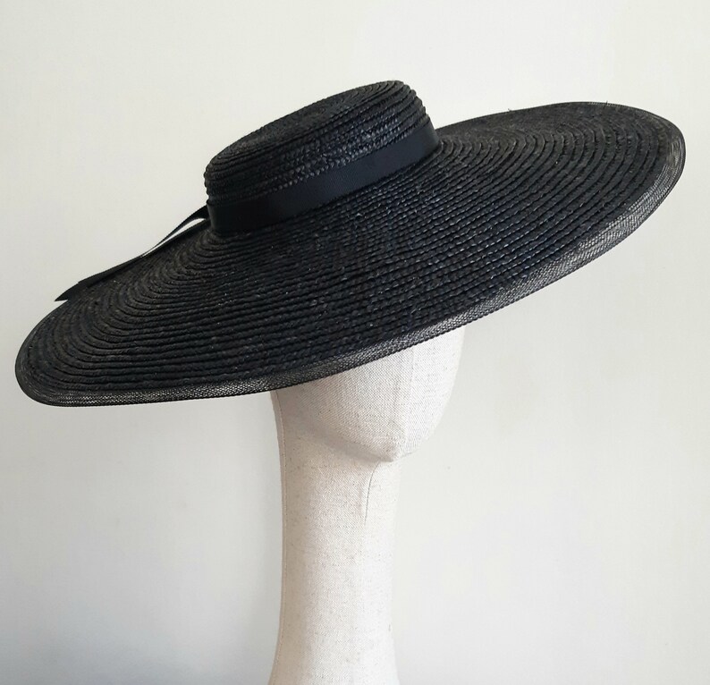 Wide brimmed black straw boater hat | Etsy