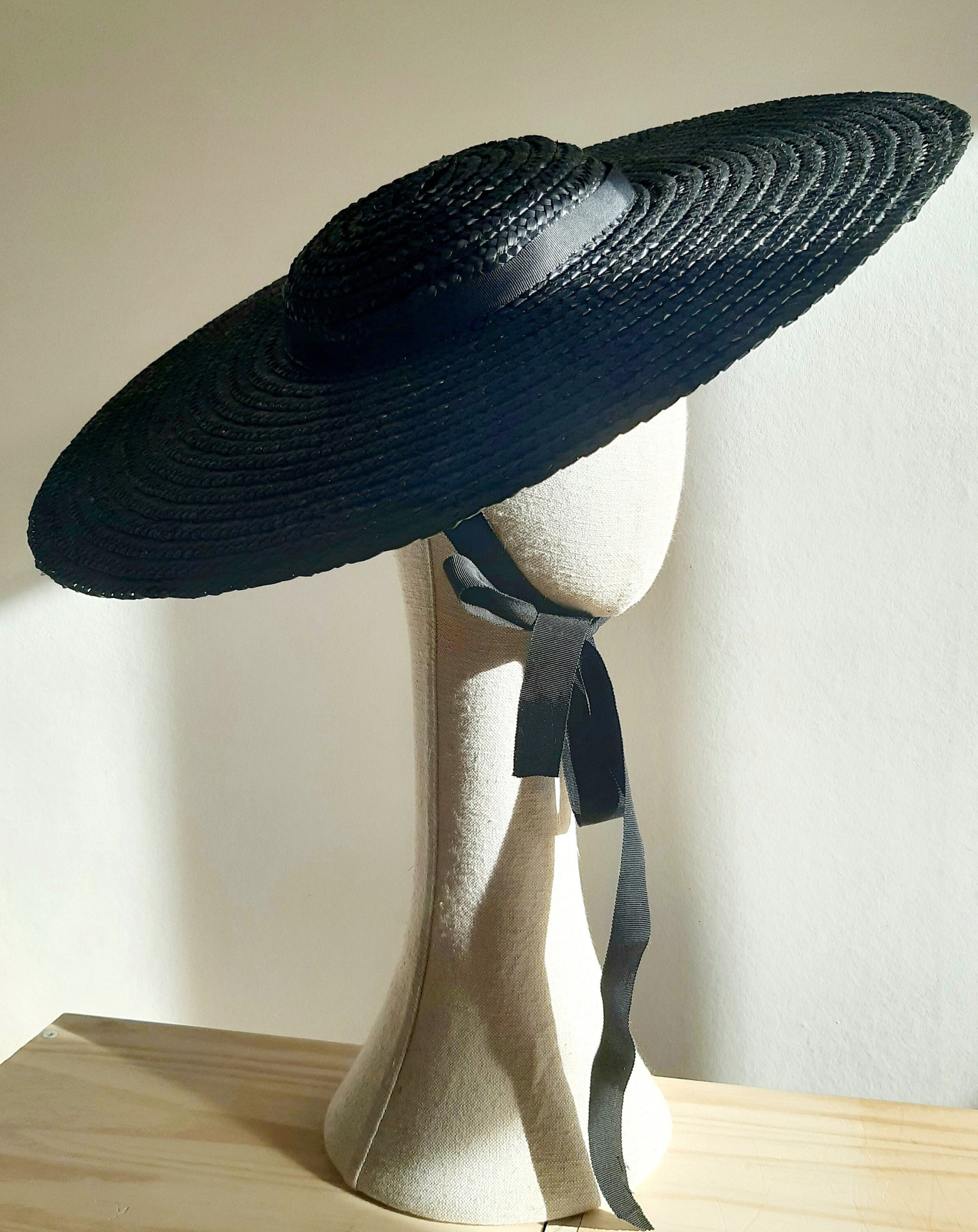 Wide Brimmed Black Straw Boater Hat - Etsy