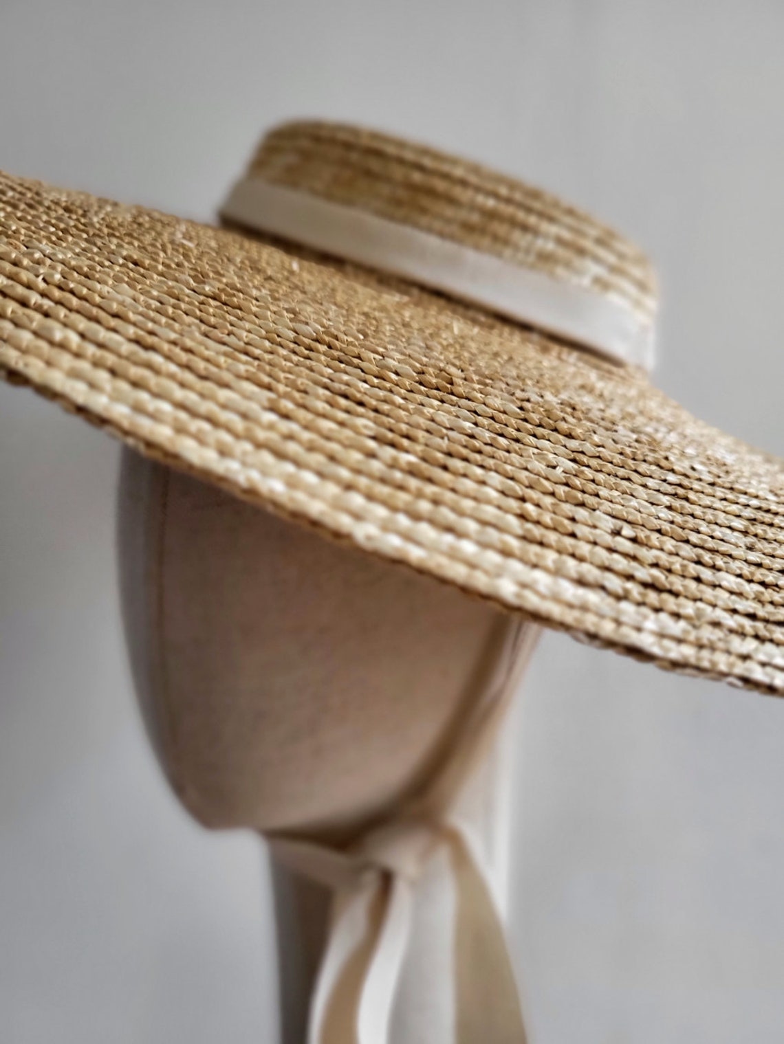 Wide Brimmed Straw Boater Hat With Cream Ribbon Ties - Etsy