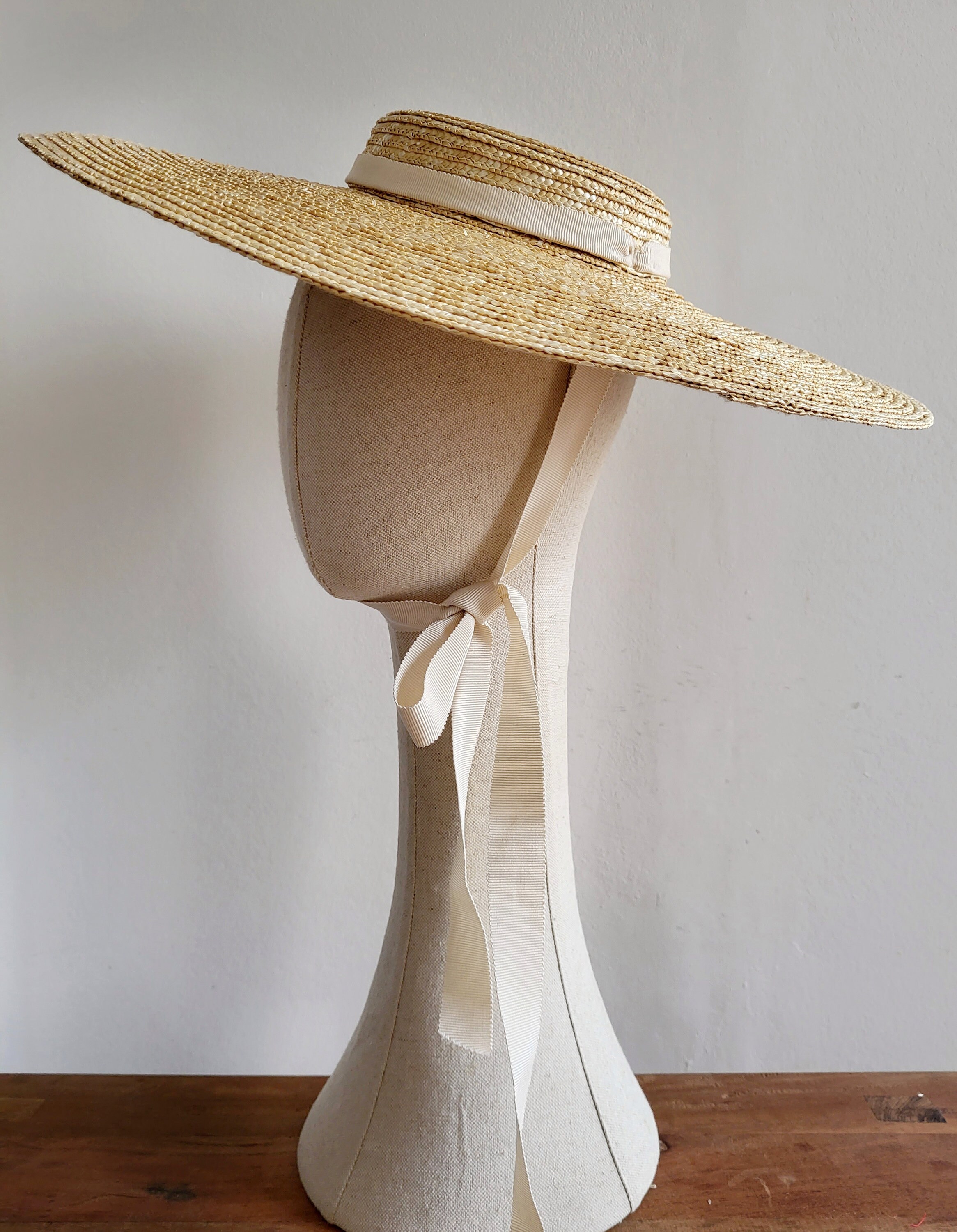Wide Brimmed Straw Boater Hat With Cream Ribbon Ties - Etsy