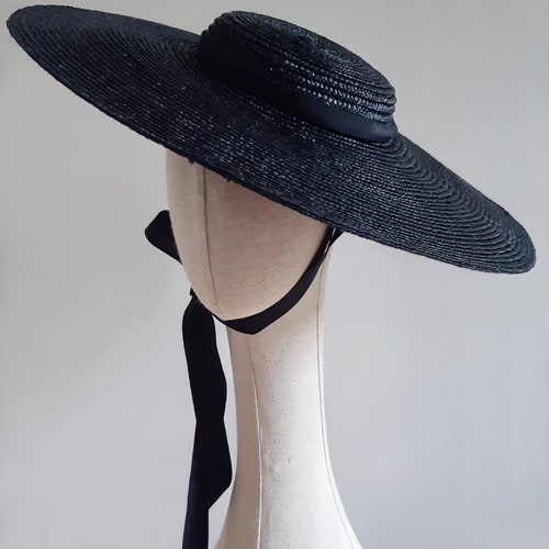 Edwardian Straw Boater Hat Ribbon Strap Flat Wide Brim Straw Etsy
